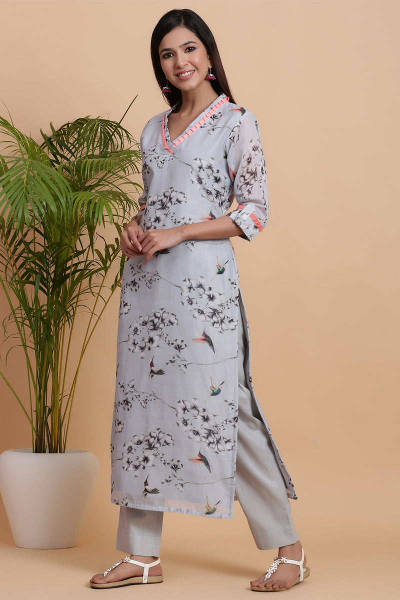 Buy Online Our Ash Grey Chanderi Kurta with Pant - Gillori